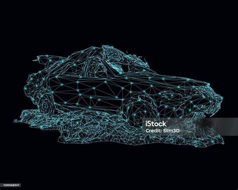 폐허에서 파괴 된 자동차의 와이어 프레임과 어두운 배경에 고립 된 파란색 선의 파편 3d 벡터 일러스트레이션 와이어 프레임 모델에 대한 스톡 벡터 아트 및 기타 이미지