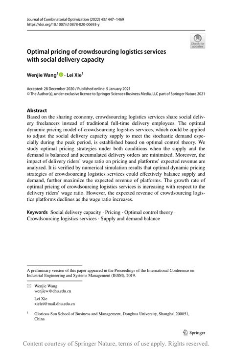 optimal pricing of crowdsourcing logistics services with social delivery capacity request pdf
