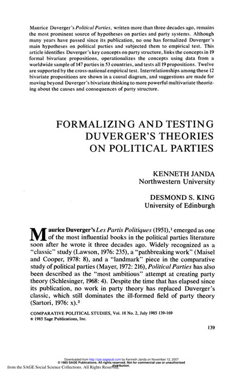 Pdf Formalizing And Testing Duvergers Theories On Political Parties