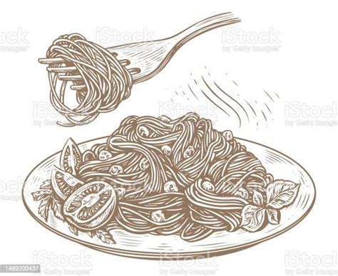올리브와 파슬리를 곁들인 파스타 스파게티만 곁들인 포크 이탈리아 음식 스케치입니다 손으로 그린 벡터 일러스트 레이 션 벡터에 대한 스톡 벡터 아트 및 기타 이미지 Istock