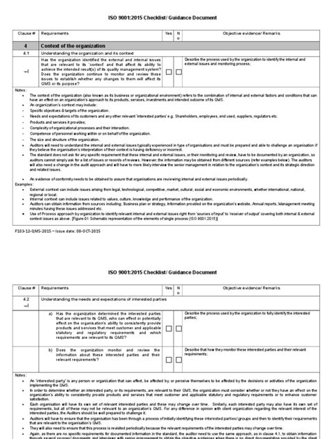 Iso 9001 2015 Checklist Guidance Pdf Iso 9000 Quality Management System