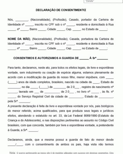 Modelo De Declaração E Consentimento De Guarda De Menor