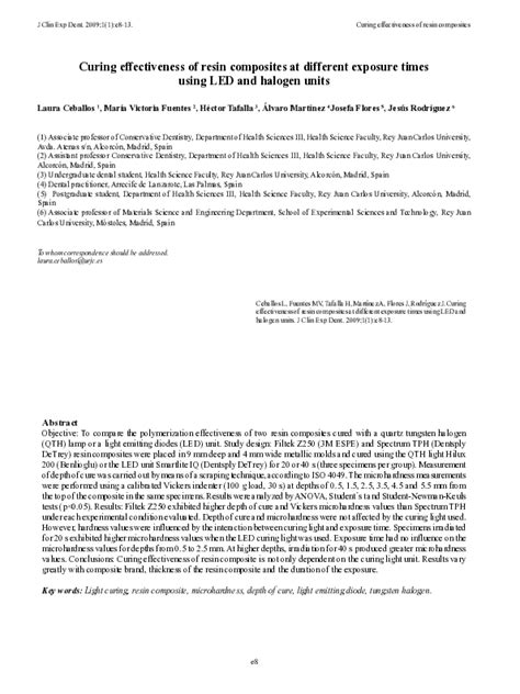 Pdf Curing Effectiveness Of Resin Composites At Different Exposure Times Using Led And Halogen