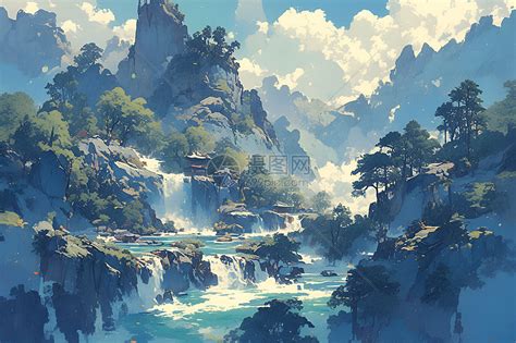 云雾缭绕的山涧插画图片下载 正版图片601132314 摄图网