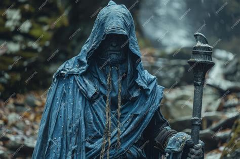 Premium Photo Mysterious Cloaked Figure With Staff In Misty Forest