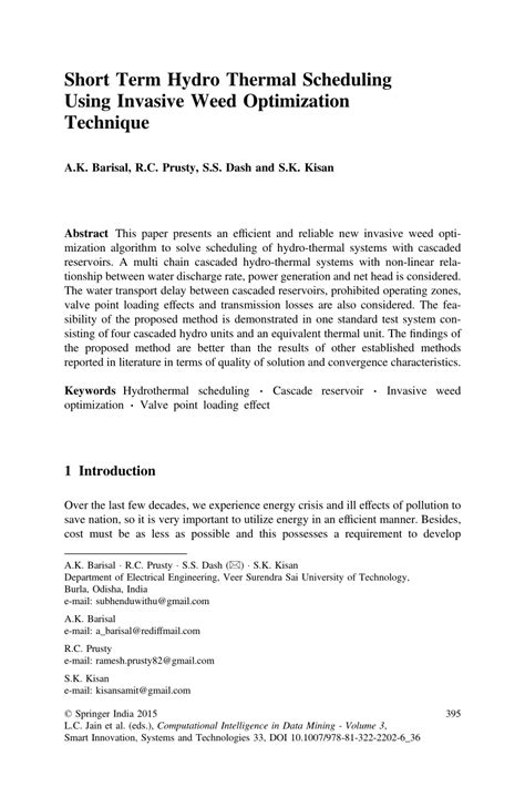 Pdf Short Term Hydro Thermal Scheduling Using Invasive Weed Optimization Technique