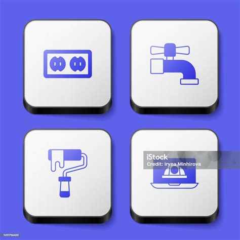 전기 콘센트 수도꼭지 페인트 롤러 브러시 및 작업자 안전 헬멧 아이콘을 설정합니다 흰색 사각형 버튼입니다 벡터 건강관리와 의술에 대한 스톡 벡터 아트 및 기타 이미지
