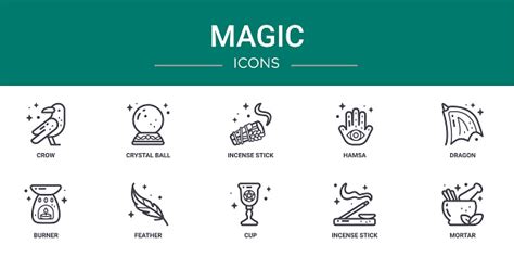 까마귀 수정 구슬 향 스틱 함사 용 버너 보고서 프리젠 테이션 다이어그램 웹 디자인 모바일 응용 프로그램에 대 한 깃털 벡터 아이콘과 같은 10 개요 웹 마법 아이콘 세트