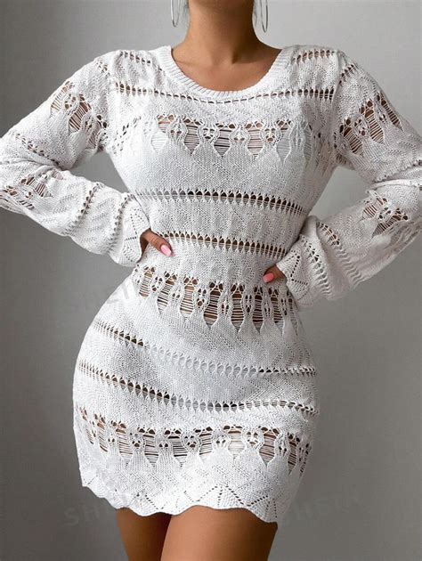 Shein Swim Bohofeel Long Sleeve Hollow Out Knitted Dress Cover Up For Summer Beach Vocation