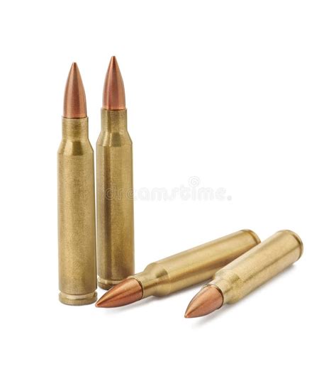 Many Bullets Falling On White Background Firearm Ammunition Stock