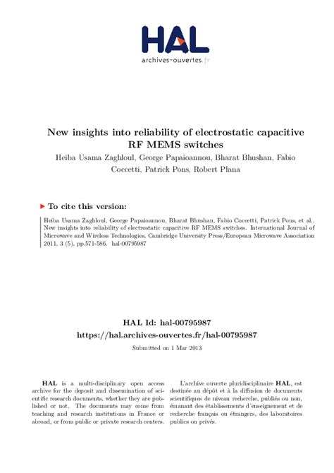 Pdf New Insights Into Reliability Of Electrostatic Capacitive Rf Mems Switches