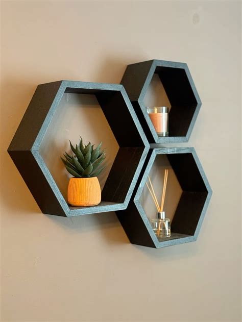 Phoenancee Hexagon Floating Shelves Wooden Wall Mounted Hexagonal Shelf Solid Wood Decorative