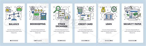 移动应用的登陆屏幕。金融服务，银行贷款，会计和信用卡支付。菜单矢量横幅模板的网站和移动开发。网站设计