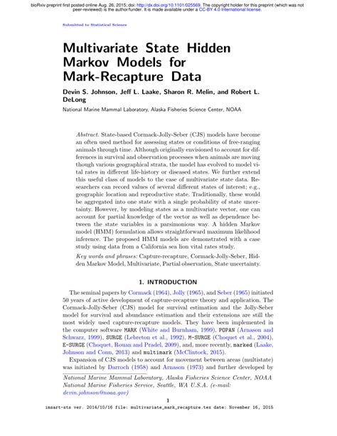 Pdf Multivariate State Hidden Markov Models For Mark Recapture Data