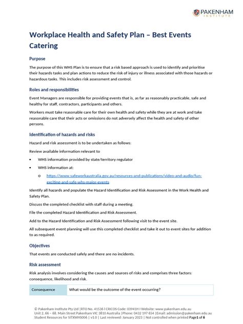 Sitxwhs006 Whs Plan Pdf