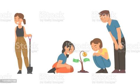 봄 만화 벡터 일러스트 레이 션에서 공원이나 정원에 나무를 심는 자원 봉사자 4 명에 대한 스톡 벡터 아트 및 기타 이미지 4 명 개념 공동체 Istock