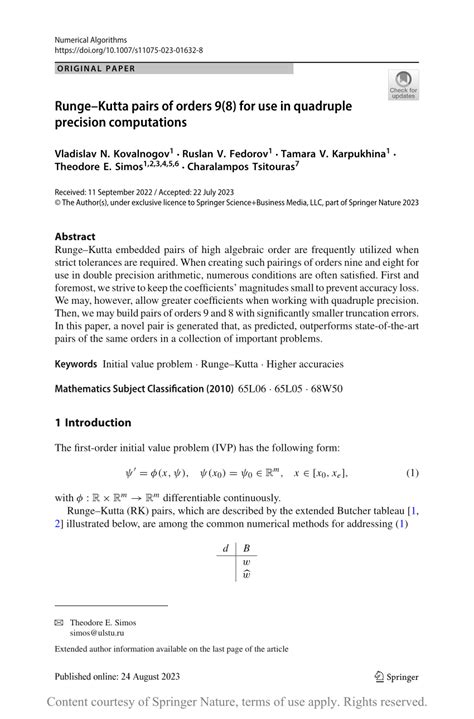 Rungekutta Pairs Of Orders 98 For Use In Quadruple Precision Computations Request Pdf