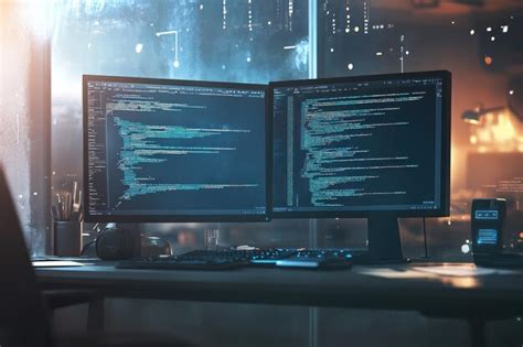 Coding Workspace With Dual Monitors Premium Ai Generated Image