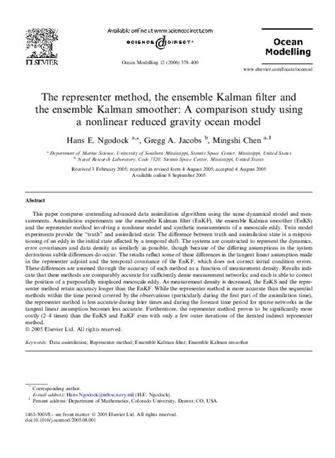Pdf The Ensemble Kalman Filter And The Representer Method Comparison On A Nonlinear Reduced
