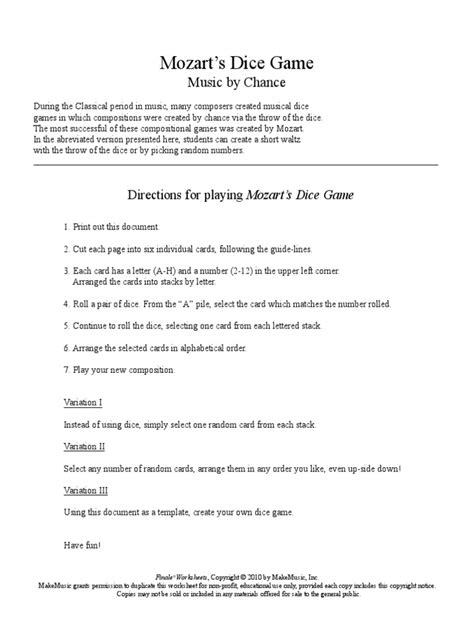 6500 Mozart Dice Game Pdf Dice Intellectual Works
