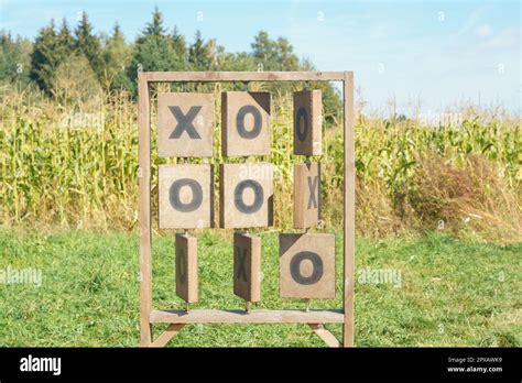 huge vertical stand of wooden tic tac toe noughts and crosses game installed near cornfields