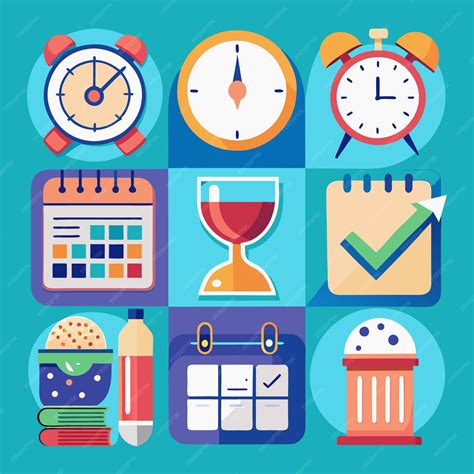 Time Management Icons Set With Calendar Clock Pencil And Wine Glass