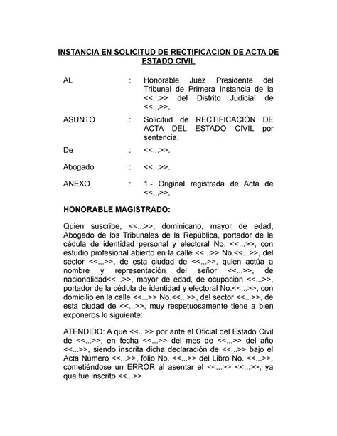 Instancia En Solicitud De Rectificacion De Acta De Estado Civil