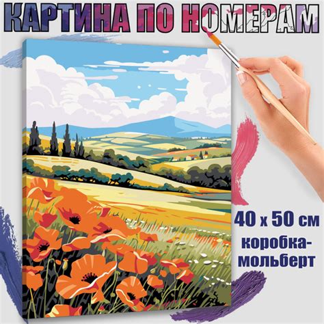 Картина по номерам 40x50 см Пейзаж с солнцем лугом и цветущими маками купить с доставкой по