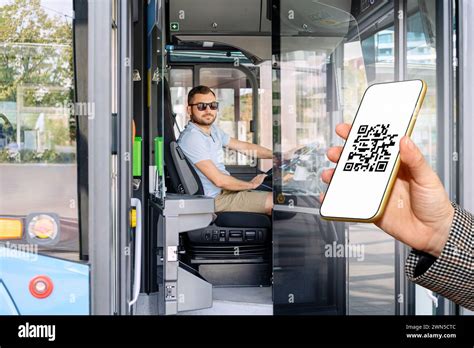 Qr Code On Phone Screen In Front Of Bus Driver Digital Ticket For