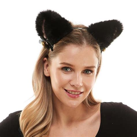 Furry Black Cat Ears Headband With Bow Bells Animals Accessories