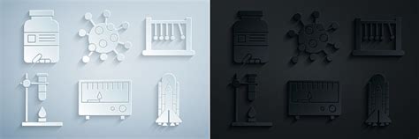 전기 측정 기기 진자 화재 히터의 유리 시험관 플라스크 우주 왕복선 및 로켓 박테리아 및 약병 알약 아이콘을 설정합니다 벡터 3