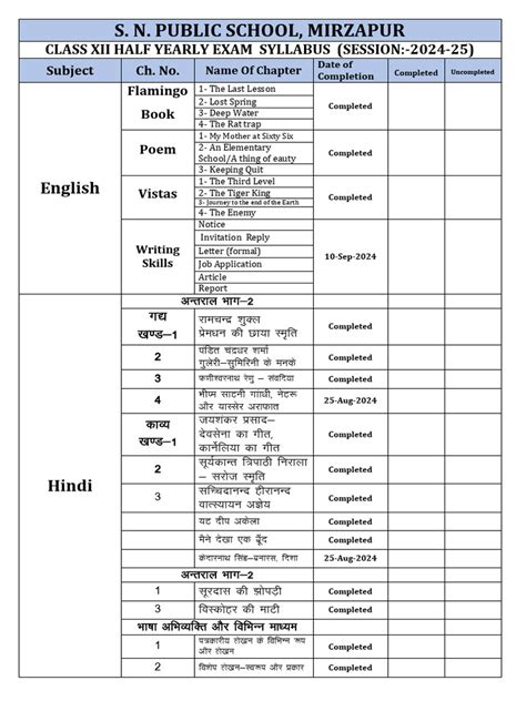 Syllabus Class 12th Half Yearly 2024 25 Pdf