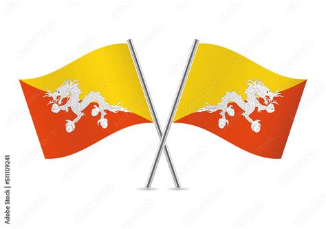 The Kingdom Of Bhutan Crossed Flags Bhutanese Flags On White Background Vector Icon Set