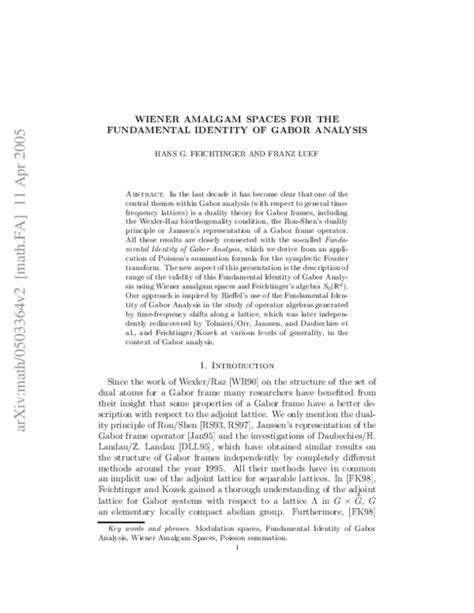 Pdf Wiener Amalgam Spaces For The Fundmental Identity Of Gabor Analysis