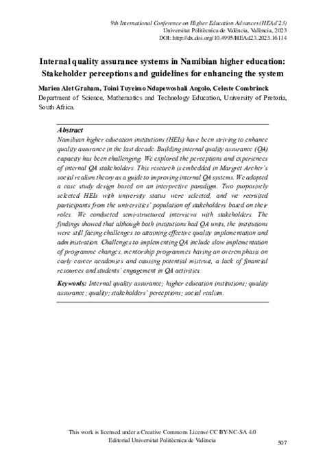 Pdf Internal Quality Assurance Systems In Namibian Higher Education