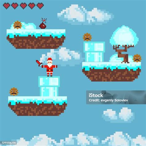 컴퓨터 픽셀 게임 인터페이스 산타 클로스 캐릭터 8 비트 보기 비디오 게임에서 영웅 전투 눈이 있는 픽셀 겨울 비디오 게임에