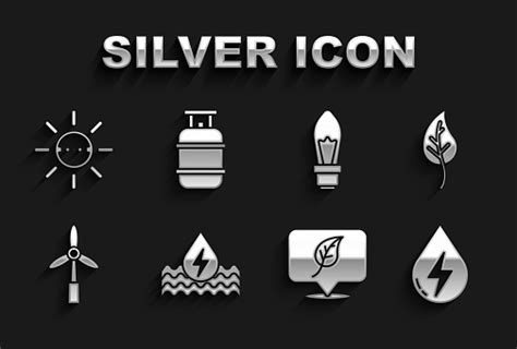 물 에너지 잎 또는 나뭇잎 잎이있는 위치 풍력 터빈 전구 태양 전지판 및 프로판 가스 탱크 아이콘을 설정합니다 벡터 0명에 대한