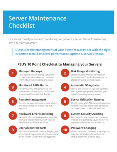 Free 7 Server Maintenance Checklist Samples Network Preventive Room