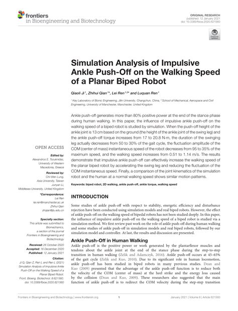 Pdf Simulation Analysis Of Impulsive Ankle Push Off On The Walking Speed Of A Planar Biped Robot