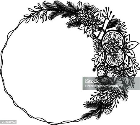 손으로 그린 크리스마스 화환 솔방울 호랑가시나무 잎 도토리 겨우살이 시나몬 레이저 절단 조각 착색 또는 인쇄용 벡터 일러스트 레이 션 0명에 대한 스톡 벡터 아트 및 기타