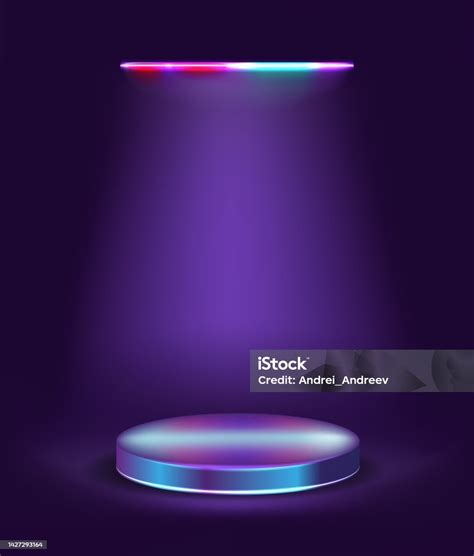 공상 과학 진한 파란색 추상 룸의 사실적인 3d 실린더 받침대 연단은 수평 네온 램프를 조명합니다 배경 주제에 대한 스톡 벡터 아트 및 기타 이미지 Istock