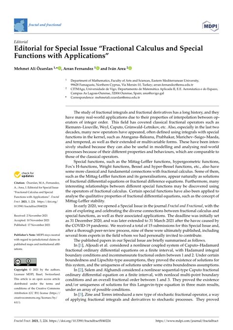 Pdf Editorial For Special Issue Fractional Calculus And Special