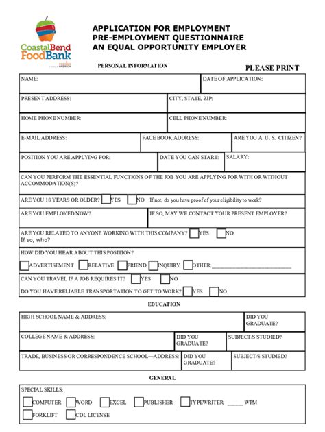 Fillable Online Application For Employment Pre Employment Questionnaire