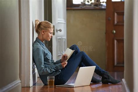 Woman Floor Or Writing Notes For Remote Work Or Internet Connection