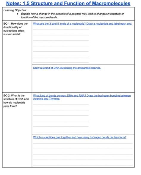 Structure And Function Of Macromolecules Notes Tpt