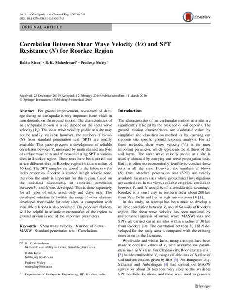 Pdf Correlation Between Shear Wave Velocity Vs And Spt Resistance N For Roorkee Region