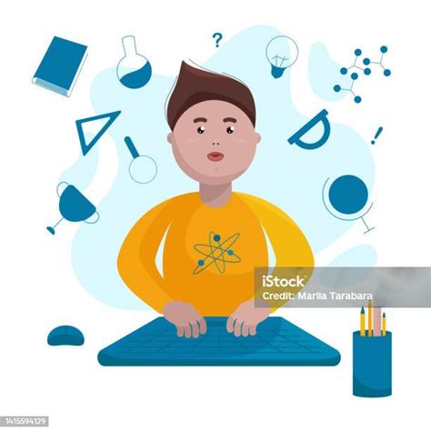 추상적 인 배경과 학교 장비를 가진 컴퓨터 앞에 앉아있는 모범생 소셜 미디어 배너 인쇄물 등에 완벽한 벡터 일러스트 레이 션 9