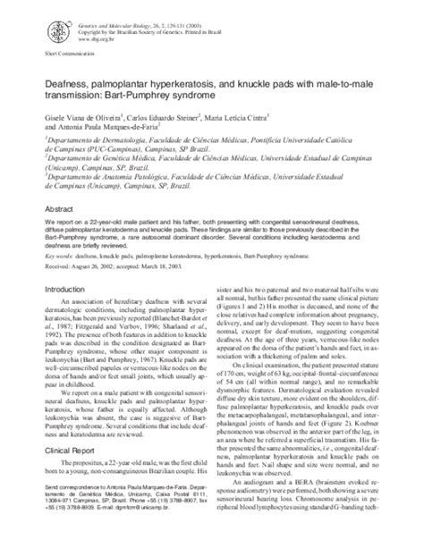 Pdf Deafness Palmoplantar Hyperkeratosis And Knuckle Pads With Male To Male Transmission