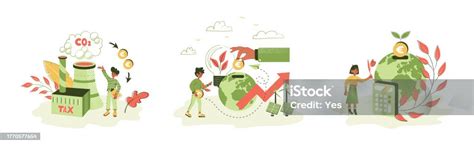 지속 가능성 일러스트 세트 탄소세 크레딧 및 친환경 투자를 통해 Co2 배출량을 줄이는 방법을 보여주는 캐릭터 저탄소 및 환경