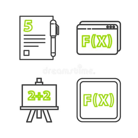 Set Line Function Mathematical Symbol Chalkboard And Test Or Exam Sheet And Pen Icon Vector